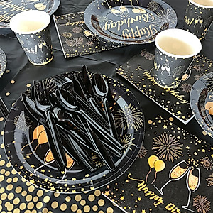 Black and Gold Happy Birthday Party Supplies Tableware Set-Dinner Dessert Cake Plates, Napkins, Cups, Tablecloth, Banner for Wedding Retire Party Decoration for 30th 40th 50th 60th Anniversary