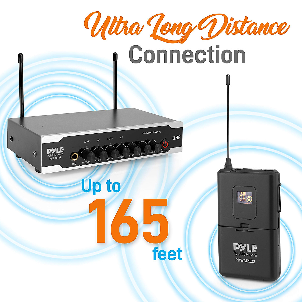 Pyle Portable Uhf Wireless Microphone System - Bluetooth Cordless Headset Lapel Lavalier Microphone Set W/ 2 Battery Operated Beltpack Transmitters, Receiver, Aux, for PA Karaoke DJ Party - PDWM2122