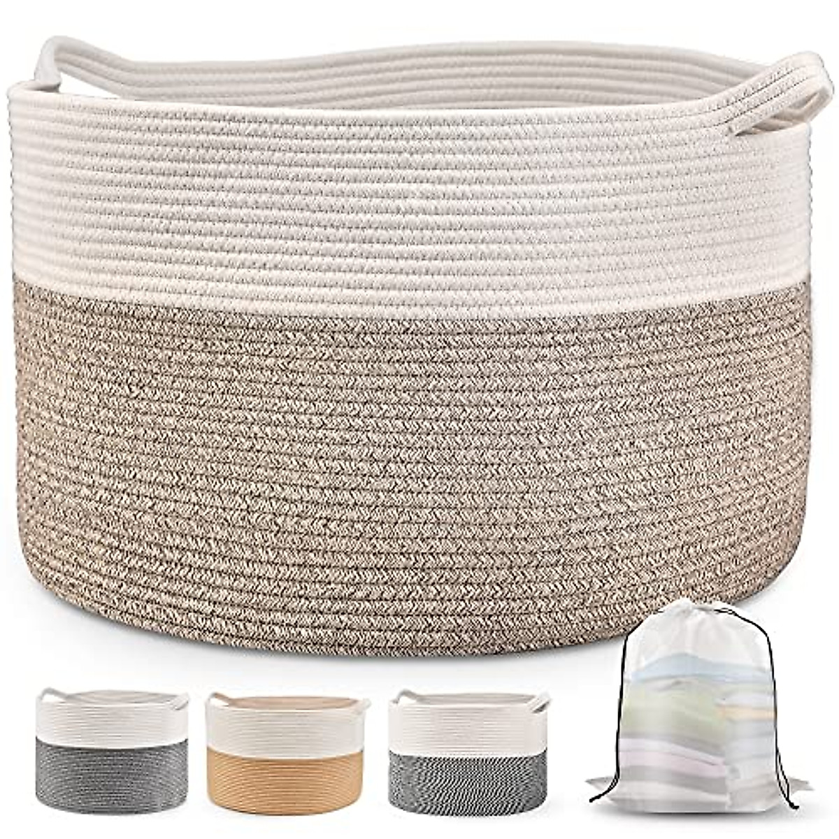 AOSION Large Cotton Rope Basket 22" x 22"x14" Extra Large Storage Baskets, Woven Laundry Basket for Blankets, Nursery Toy Basket with Handles, Blanket Basket for Living Room (Brown)