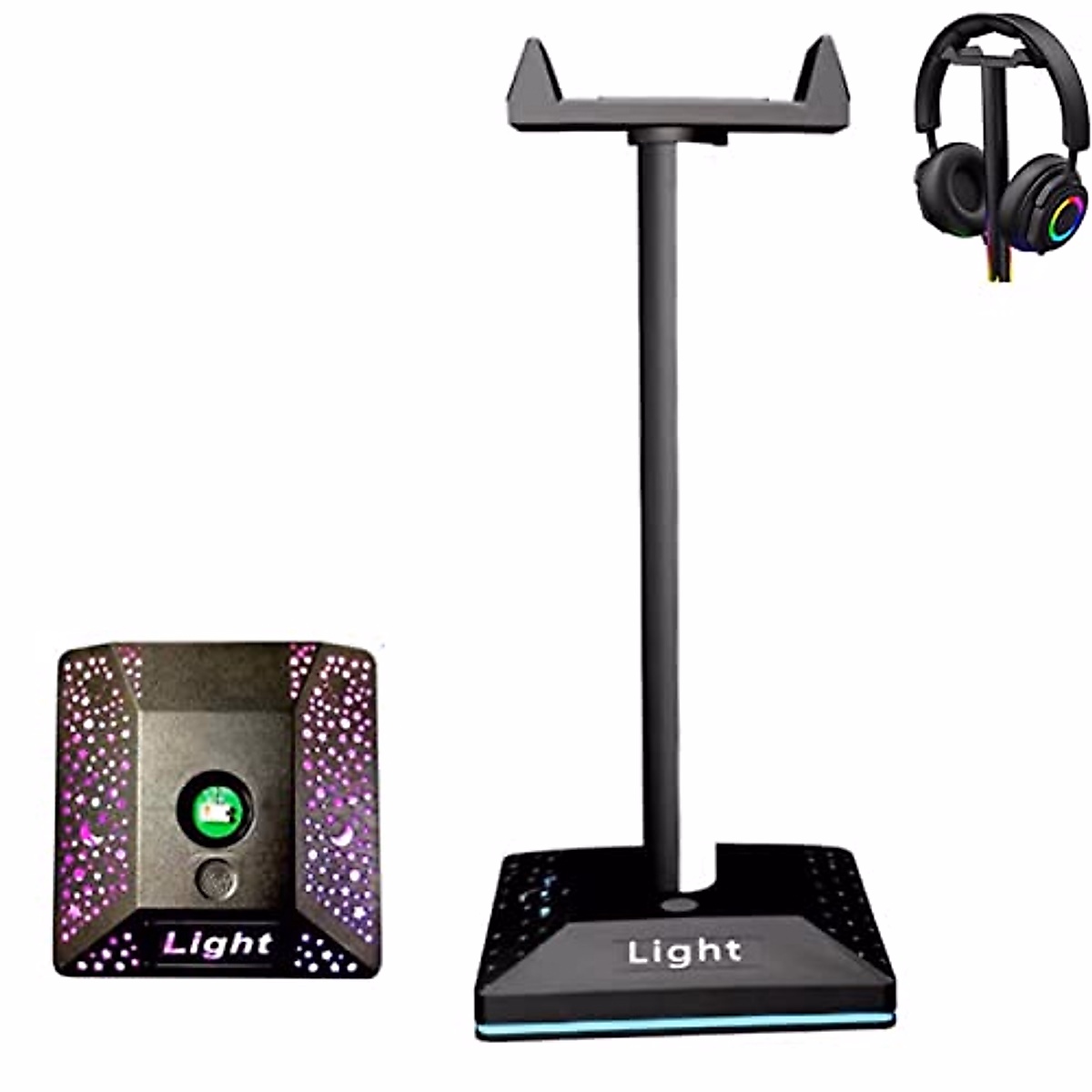 MOCIUN USB Gaming Desktop Headphone Display Stand, RGB Gaming Headphone Stand with USB 2.0 Hub and 3.5 mm Audio Port T-Ouch Control LED Strip Lamp (A)