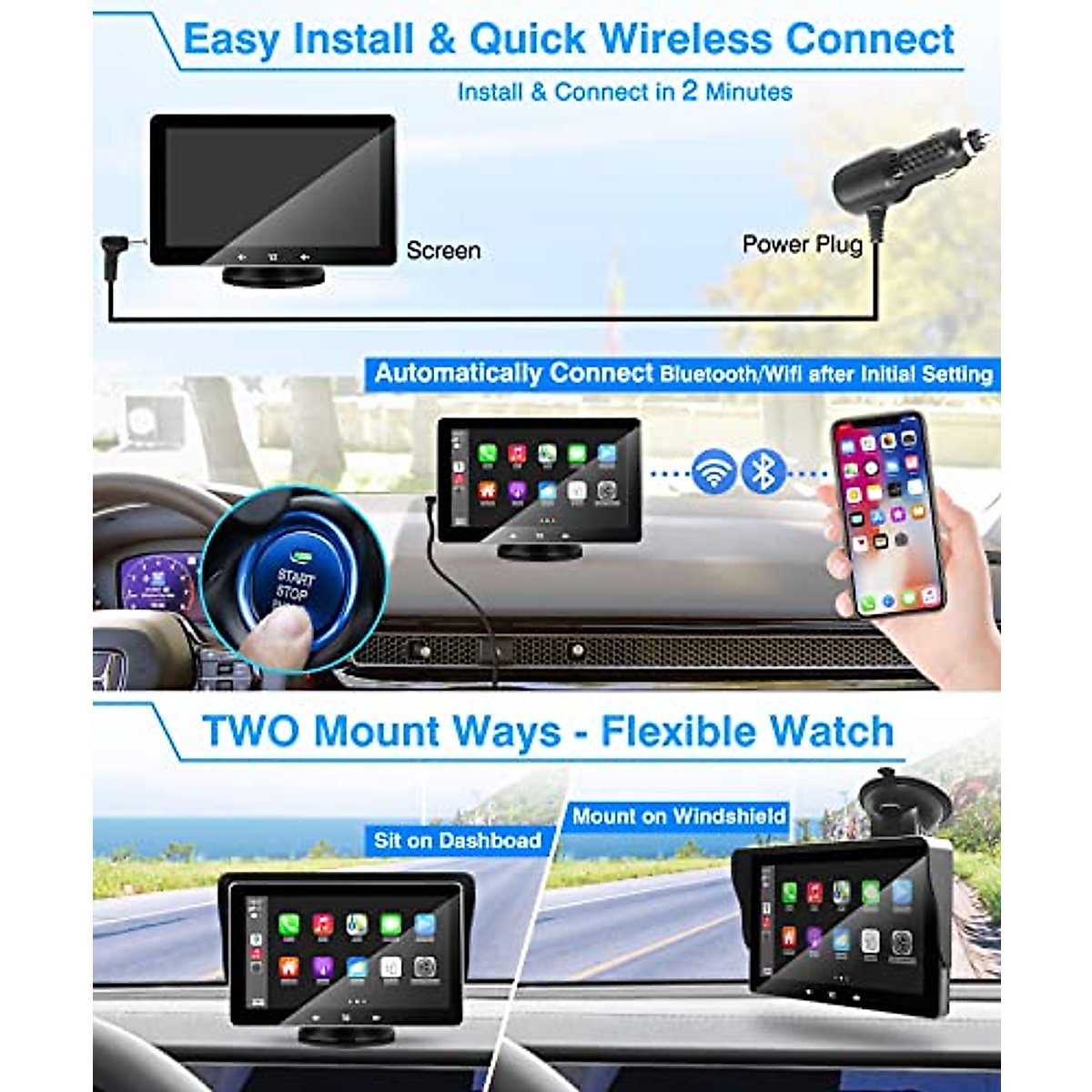 URVOLAX Wireless Portable Car Stereo Carplay Audio Receiver Compatible with Apple Android Auto System,7" HD Touch Screen Car Play with Bluetooth WiFi GPS Navigation FM Radio MirrorLink Voice Control