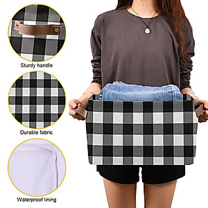 Black White Buffalo Plaid Storage Basket Collapsible Storage Bins Cubes Box Clothes Hamper Toy Chest Fabric Gift Baskets for Shelves Office Home Nursery Shoes with Leather Handles