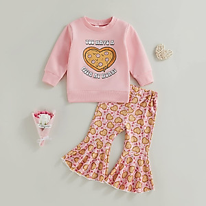2Pcs Toddler Baby Girls Valentine's Day Outfits Letter Print Sweatshirts Pullover Tops Heart Print Flare Pants Clothes (Pink, 2-3 Years)