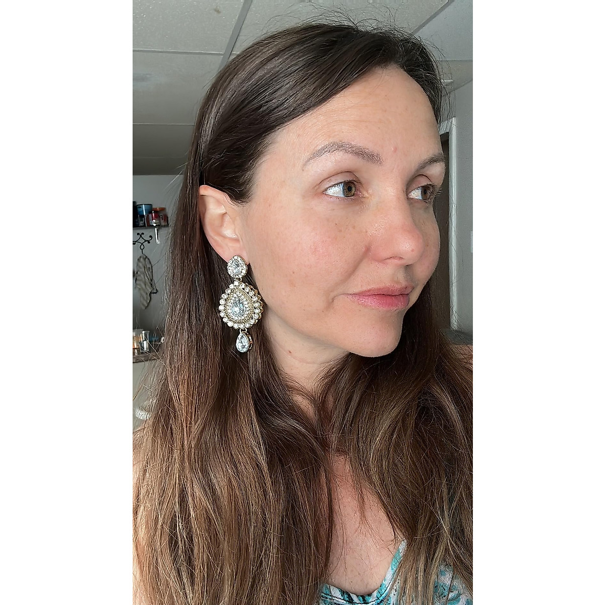 Touchstone Indian Bollywood Desire Contemporary Diamond Look White Rhinestone Designer Jewelry Chandelier Earrings In Antique Gold Tone For Women.