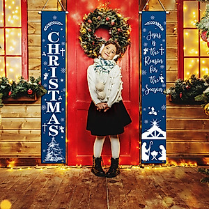 BBTO Pcs Christmas Nativity Scene Porch Sign Jesus Is The Reason for Season Banner Religious Holy Door Xmas Hanging Decorations Home Front 1BBTO x 7BBTO Inch, blue, white