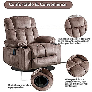 INZOY Massage Swivel Rocker Recliner with Heat and Vibration, Manual Swivel Rocking Recliner Chair with Vibrating Massage, Soft Fabric Heated Recliner Comfy Overstuffed Recliner with Cup Holder, Brown