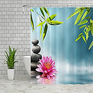 NYJSMYG Spa Shower Curtains Lotus Green Bamboo Leaf Flower and Basalt Stones Bathroom Polyester Fabric Decor Hanging Cloth Curtain Sets 70 x 70 Inch with Hooks