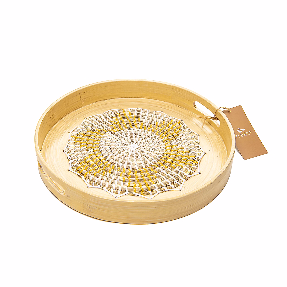 Round seagrass woven tray with handles, bamboo and seagrass tray, handmade decorative tray for table counter piece, coffee table and breakfast tray, wicker fruit basket, , hanging wall basket(14 inch)