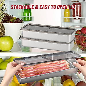 Rarapop Bacon Container with Lids for Refrigerator, Stainless Steel Deli Meat Storage Containers with Elevated Base, Airtight Fridge Storage Containers Cheese Keeper, Dishwasher Safe【1 Pack】