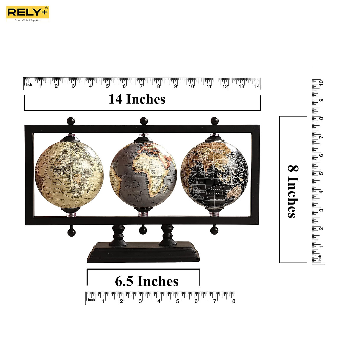 Rely+ Set of 3 4'' Earth Globe for Desk Office Decor World Globe Sturdy Metal Stand (NOT PLASTIC!) - Rotating Desktop Globe For Geographic Home Table Gift for adult Book Shelf World Landscape