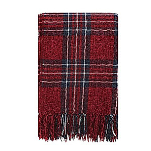 Muse Dream Chenille Fringe Plaid Throw Blanket Red Navy Holiday Classic Buffalo Lightweight Blankets for Sofa Couch All Season Indoor Outdoor Use,Multi-Colored 50" Wx60 L