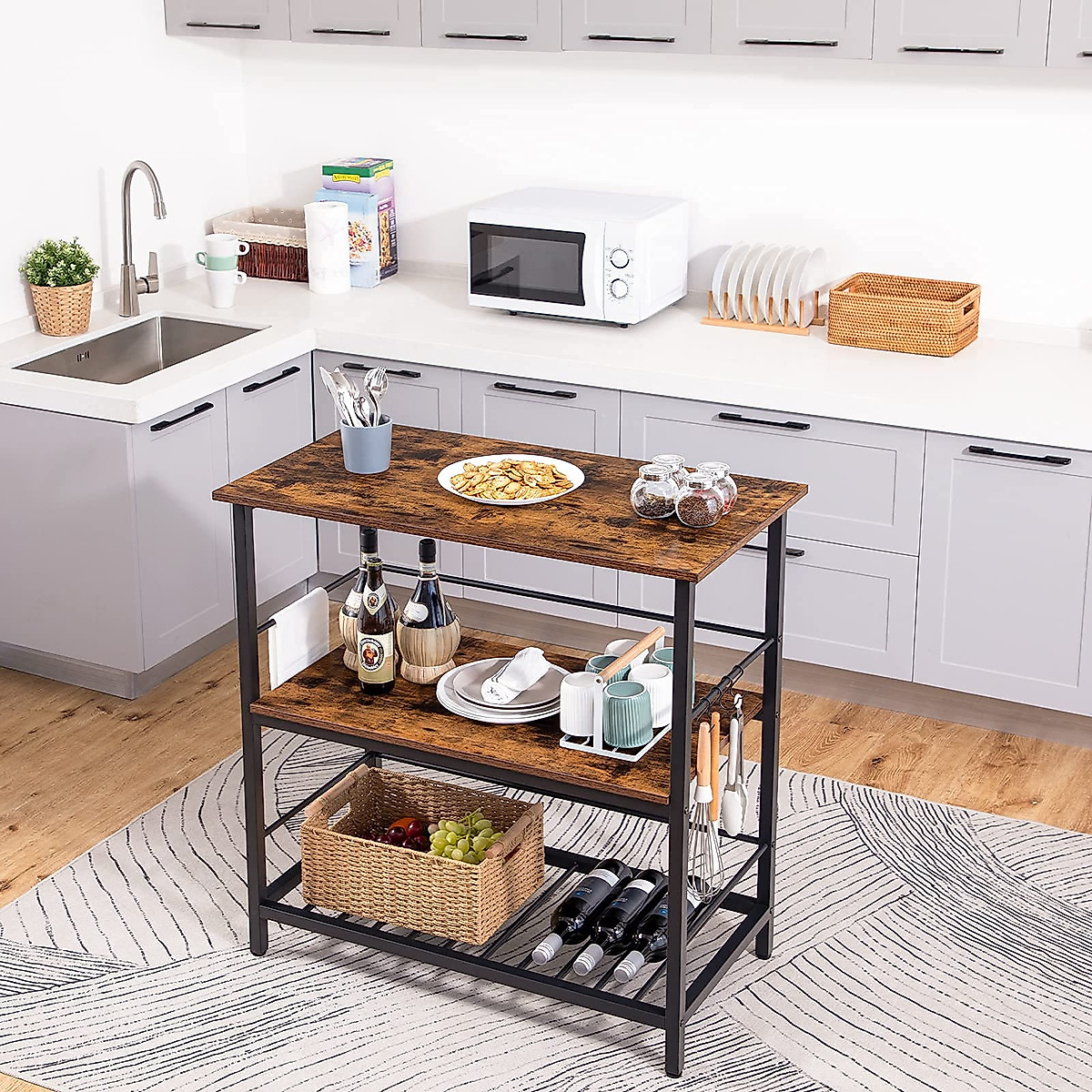 HOOBRO Kitchen Island with Wine Rack, Industrial Kitchen Counter with Hooks and Protective Rails, 3 Tier Kitchen Shelf with Large Workstation, Easy Assembly, Rustic Brown BF02ZD01