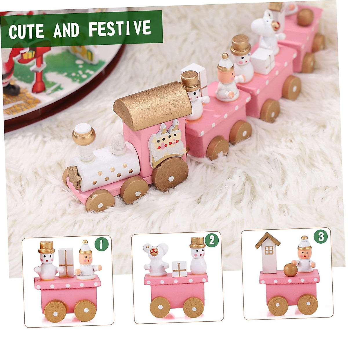 NUOBESTY Christmas Wooden Train Ornament with Snowman and Bear Mini Train Rail Toy Set for Kids Christmas Party Kindergarten Decoration, Pink