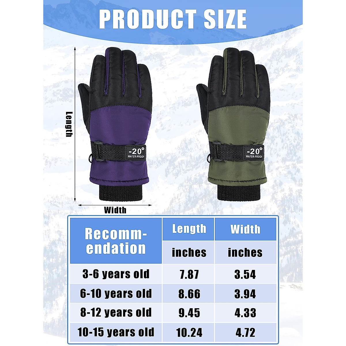 SATINIOR 2 Pairs Kids Waterproof Winter Snow Gloves Ski Gloves for Boy Girl Outdoor Warm Thickening Snowboard(Purple, Dark Green,6-10 Years)