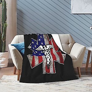 Rqwaaed EMS Star of Life EMT Paramedic Medic American Flag Throw Blankets Cozy Warm Lightweight Flannel Blanket for Sofa Bed Men and Women