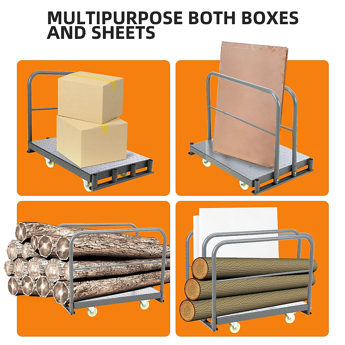 Steel Panel Truck Cart, Platform Truck Cart Heavy Duty Lumber Cart Drywall Dolly 2000 lbs Capacity with 360°Swivel Casters 1Front and 2 Side Handrails Push Cart for Carry Objects(36" x 24")