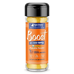 Raw Paws Boost Pet Food Topper Organic Pumpkin Powder, 3-oz - Made in USA - Grain-Free Dog Toppers for Dry Food - Anti Scoot Powder Pumpkin for Dogs - Vegan Dog Food Gravy - Dog Meal Toppers for Dogs