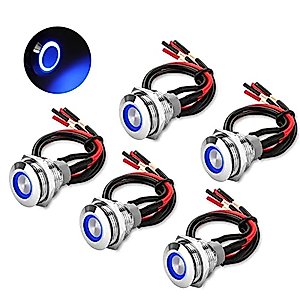 5Pcs 19mm 12V Waterproof ON Off Latching Push Button Switch with Wiring Harness and Led Indicator Light, 24V Pre-Wired SPDT Self-Locking 4 Pin Marine Metal Switch for Boats Cars Truck (Blue)