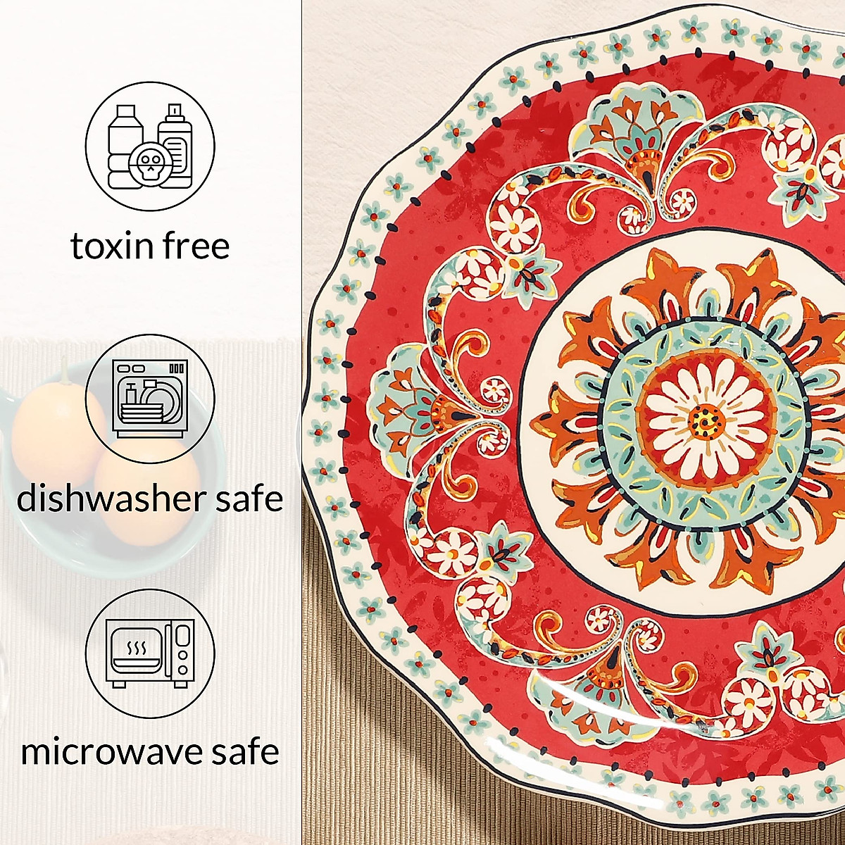 Sonemone 11 Inch Red Farmhouse Floral Dinner Plates, Set of 4, Large Ceramic Plates for Salad, Dinner, Microwave & Dishwasher Safe