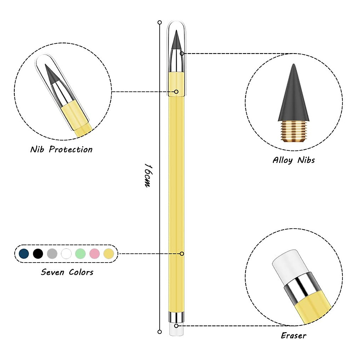 HOTUT Inkless Pencil, 7PCS Forever Infinity Pencils with 7 Eraser Reusable Inkless Everlasting Pencil with 7 Replaceable Nibs for Writing Drawing Students Office School Supplies