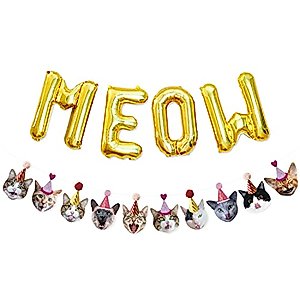 Bessmoso Funny Cat Party Garland Meow Letter Balloons Cats Faces with Party Hats Banner Kitten Bunting Photo Props for Cat Theme Birthday Party Pet Adoption Party Supplies