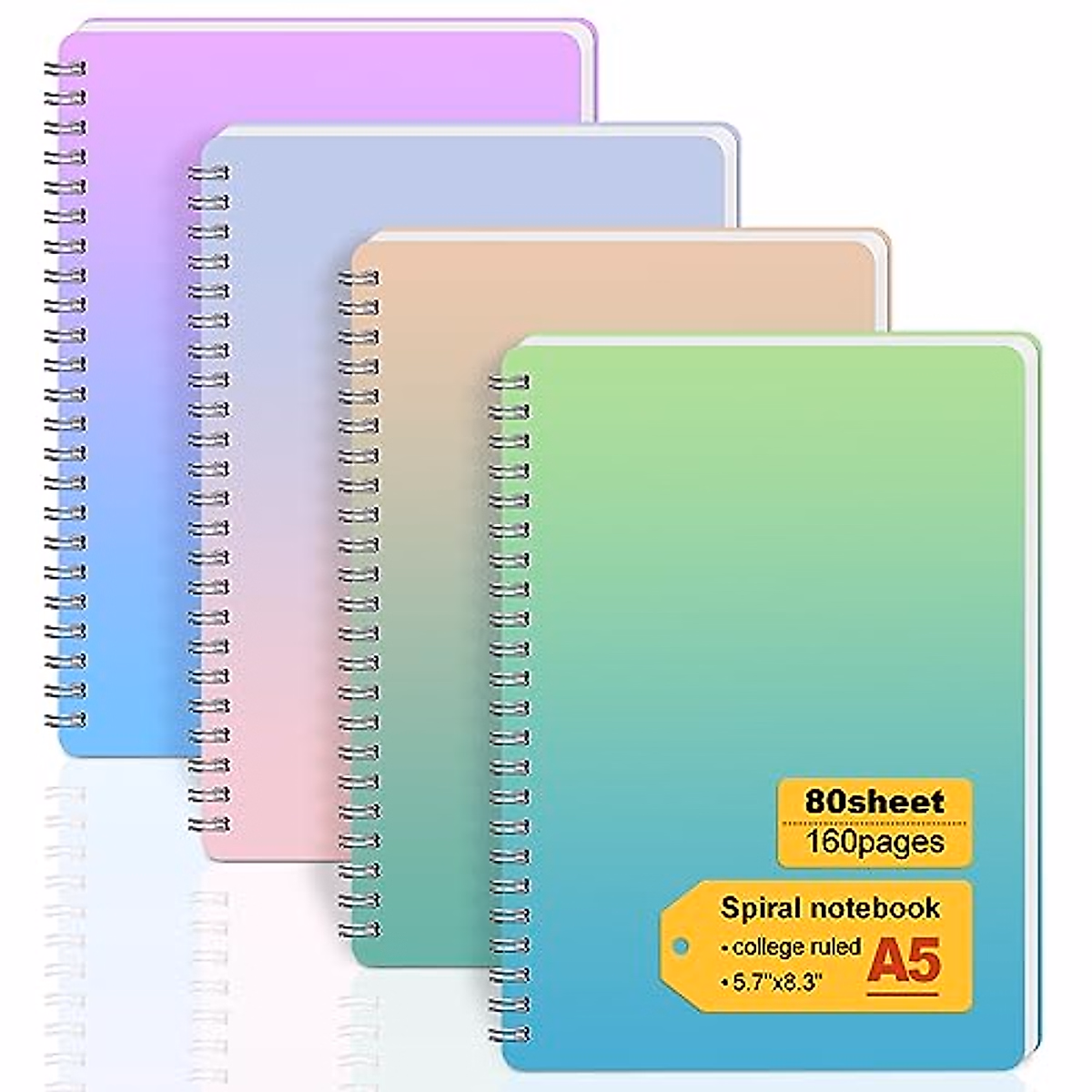Spiral Notebook, 5.7" x 8.3" College Ruled Notebook with 4 Colors Spiral Journals for Women, 80 Sheets / 160 Pages Per Journal with Twin-Wire Binding, Thick Plastic Hardcover and 8mm Ruled Lined
