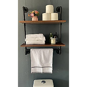 MEYRUOXI Pipe Shelves Industrial Pipe Shelving Industrial Bathroom Shelves with Towel bar,24 in Rustic Metal Pipe Floating Shelves Pipe Wall Shelf,2 Tier Industrial Shelf Wall Mounted with Hook