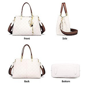 FOXER Leather Satchel Handbags for Women, Split Cowhide Alphabet Pattern Ladies Signature Top-handle Bag with Nylon Shoulder Strap Womens Fashion Purses and Handbags Women's Medium Tote (White)