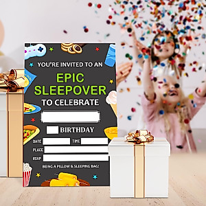 Sleepover Birthday Invitations for Boys with Envelopes, Invites for Birthday Party Video Game, Slumber Birthday Party Invitations Cards, You're Invited to an Epic Sleepover Party, 4"x6" Set of 20