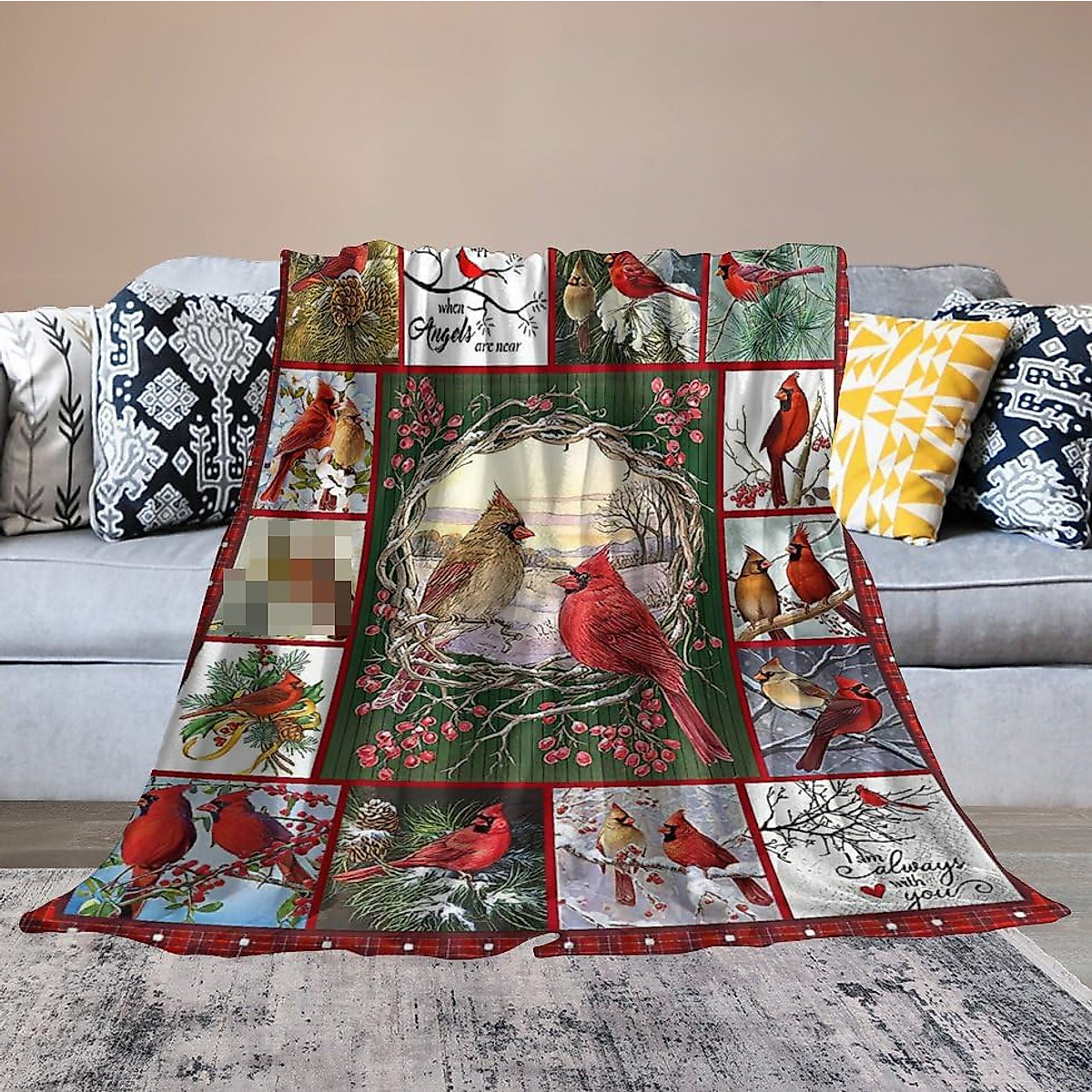 reoqeosy Cardinal Blanket Christmas Bird Throw Blanket Cardinal Gifts for Girls Woman Kids Cozy Comfort Soft Plush Fleece Flannel Blanket for Couch Sofa Bed 40"x50"