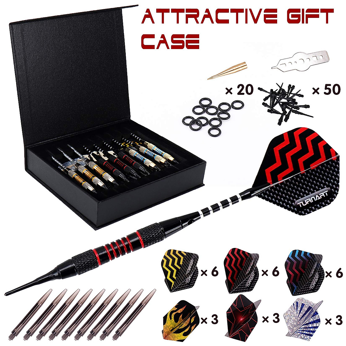 Darts Plastic Tip - Professional Soft Tip Darts Set for Electronic Dartboard 9 Pcs 18 Grams with 50 Extra Tips 9 Shafts 27 Flights Tool Kit Flight Protectors and Gift Darts Case (Gold)