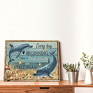 Dolphin Canvas Wall Art Inspiritional Wall Decor Every Day Is A New Beginning Nautical Ocean Painting Framed Artwork Ready To Hang for Living Room Bedroom Bathroom Home Decor 12x16 Inch