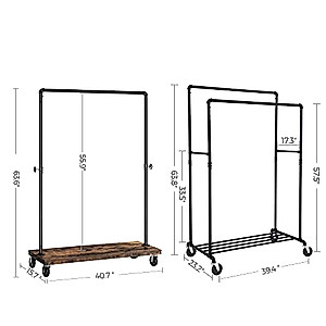 SONGMICS Heavy Duty Clothes Rack and Industrial Clothing Rack Bundle, Pipe Style Garment Racks on Wheels, Heavy Duty Racks with Shelves, Rustic Brown and Black UHSR60B and UHSR65BX