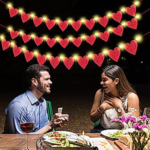 2 Pieces Heart Garland Banner for Valentines Day with Warm Led Lights Decorations Red Pink Heart Felt Banners Garland for Fireplace, Anniversary, Wedding, Engagement Party Home Decor (Style 1)