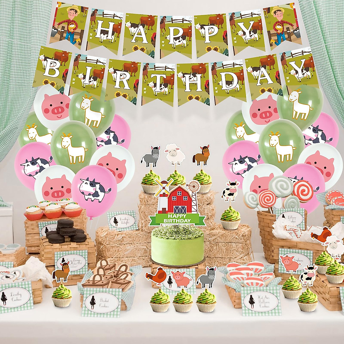 Ipalmay Farm Birthday Party Supplies - 32pcs Rustic Barnyard Kids Party Decorations, Colorful Cow Sheep Pig Balloons, Happy Birthday Banner, Animal Cup Cake Toppers, Boy Girl Teens Party Backdrop