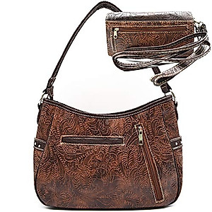 Tooled Leather Laser Cut Flower Feather Purse Studs Country Western Handbag Women Shoulder Bag Wallet Set (Coffee 2)