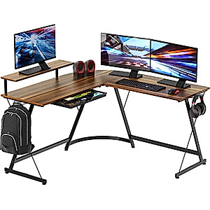 SHW Vista L-Shape Desk with Monitor Stand, Walnut