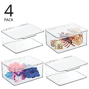 mDesign Plastic Cosmetic Storage Organizer Box Containers, Hinged Lid for Bedroom, Bathroom Vanity Shelf or Cabinet, Holds Masks, Palettes, Nail Polish, Lumiere Collection, 4 Pack - Clear