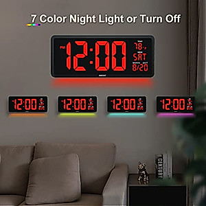 YORTOT 16” Large Digital Wall Clock with Remote Control - Adjustable Dimmer, 7 Color Night Lights, Big LED Clock with Indoor Temperature, Date, Auto DST, 12/24Hour, Wall Mount/Foldable Stand