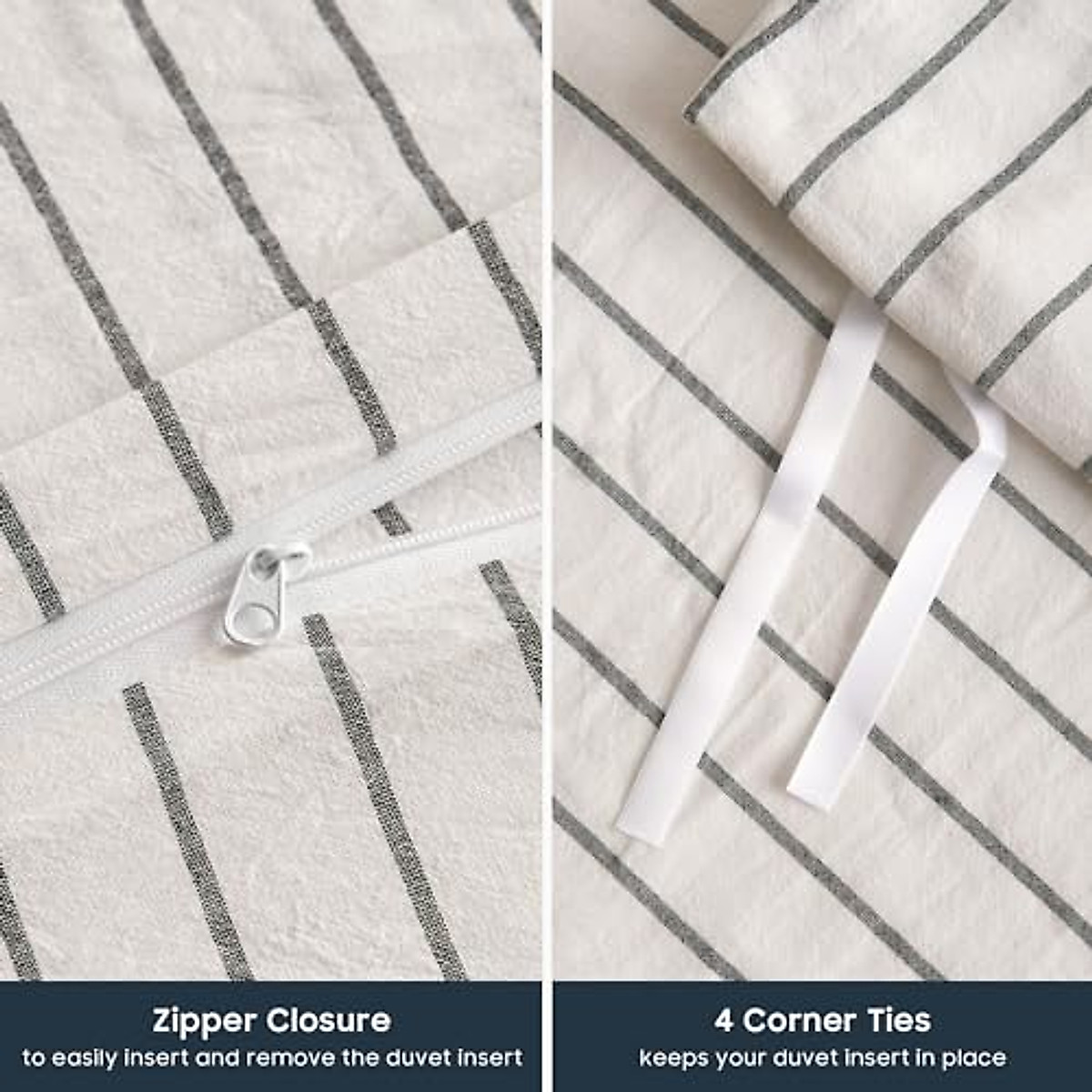 Wake In Cloud - Striped Cotton Duvet Cover Set, Ticking Stripe Vertical Pinstripe Farmhouse, 100% Washed Cotton Textured Percale Bedding Set, 3 Pieces, White, King Size