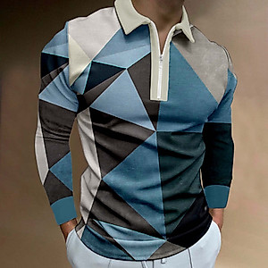 Mens Long Sleeve Polo Shirts Casual Zipper Golf Shirts Fashion Graphic Printed Athletic Tennis T-Shirt Tops(Blue,3X-Large)