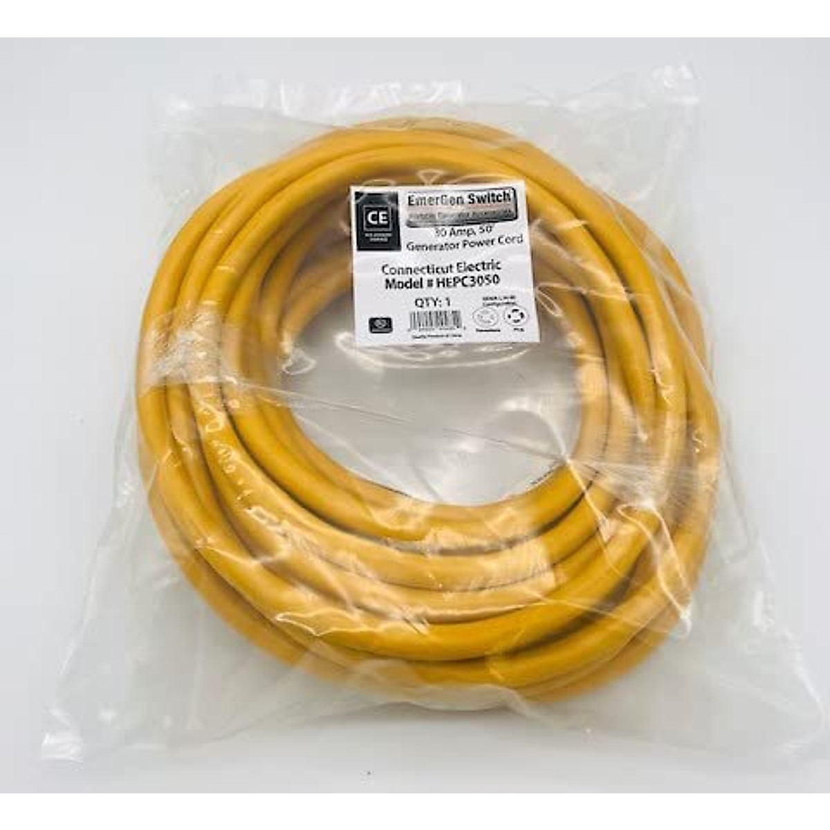Connecticut Electric 50 Foot Generator Power Extension Cord, 30 Amp, 4 Prong, NEMA L14-30P (Male), NEMA L14-30R (Female)