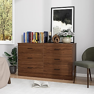Bigbiglife 6 Drawer Wood Dresser, Wide Chest of Drawers, Bedroom Furniture, Clothes Storage and Organizer, 15.8" D x 47.2" W x 27.7" H, Walnut Brown