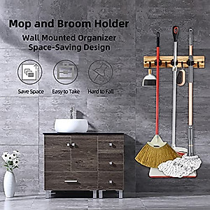 Mop and Broom Holder Wall Mount,3 Racks 4 Hooks Solid Wood Broom Organizer, Heavy Duty Broom Hanger for Home, Kitchen, Garage,Laundry,Closet, Garden Tools Storage - Wall Holder For Broom,Mop Handle