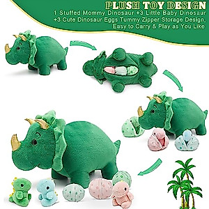 Ezuwail Triceratops Stuffed Animals with Babies, 7 Pack, 22 inch Dinosaur Plush Toys, Large Green Triceratops with 3 Eggs, 3 Baby Dino Plushie Inside