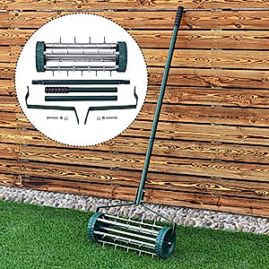Goplus Rolling Lawn Aerator, 18-Inch Garden Yard Rotary Push Tine Heavy Duty Spike Soil Aeration, Manual Lawn Aeration Tool w/ 40.5-Inch Handle (Silver)