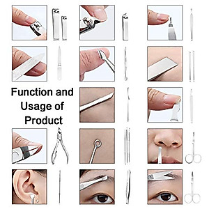 ESARORA Manicure Set, 20 in 1 Stainless Steel Professional Pedicure Kit Nail Scissors Grooming Kit with Mirror and Black Leather Travel Case, Double Layer