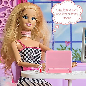 6 Pieces 1:12 Dollhouse Mini Laptop and 4 Pieces Mini Bottle Ice Cream Simulation Notebook Lovely Folding Laptop Model for DIY Dolls House Furniture Accessories (Pink, Red, Purple, Green)