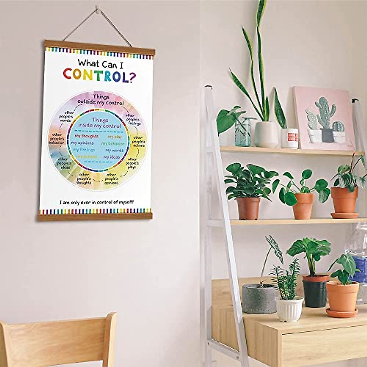 KAIRNE Colorful Inspirational Quote Poster with Wood Magnetic Hanger Frame, What I can Control Motivational Canvas Wall Art, 13.8X22 Inch for Classroom, Office