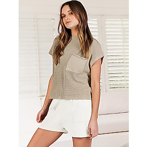 ANRABESS Women's Two Piece Summer Outfits Knit Sweater Short Sets Pullover Tops & Shorts Lounge Matching Clothes Set Khaki White X-Large